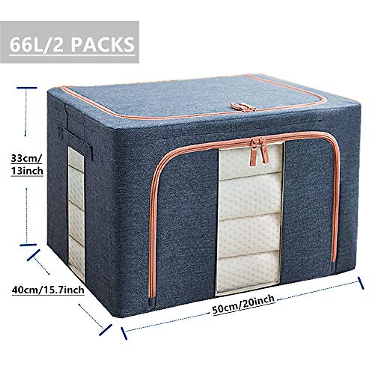 Southwit 2-Packs Storage Bins 66L Large Capacity Clothes Bag Underwear Socks Storage Box Stainless Steel Closet Organization for Comforters with 2 Windows Blue