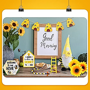 16 Pieces Bee Tiered Tray Decor Set Includes Bee Wooden Sign Sunflower Bee Gnomes Doll Wood Bead Garland with Tassel for Farmhouse Home Kitchen Decor