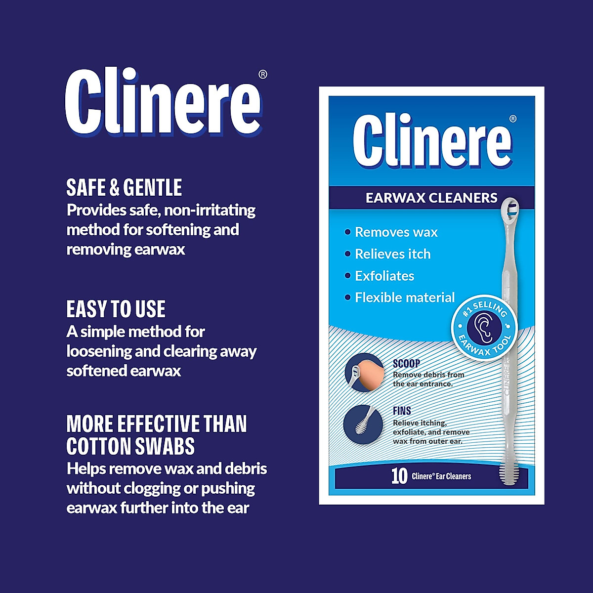 Clinere® Ear Cleaners, 10 Count Earwax Remover Tool Safely and Gently Cleaning Ear Canal at Home, Ear Wax Cleaner Tool, Itch Relief, Ear Wax Buildup, Works Instantly, Exfolimates, Earwax Cleaners.