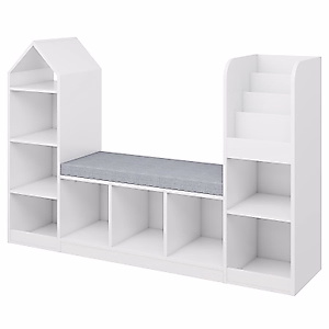 Vabches Toy Storage Organizer for Kids Bookshelf with Reading Nook, Multifunctional Kids Bookcase with 9 Storage Cubbies and Large Seat Cushion for Keeping Kids' Toys Books Organized, White