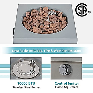 Patiorama Portable Tabletop Fireplace Small Propane Fire Pit, Outdoor 10 Inch Square Concrete Tabletop Gas Firebowl, 10,000 BTU, w/Lava Rocks, CSA Certification, for Garden, Patio-Light Grey