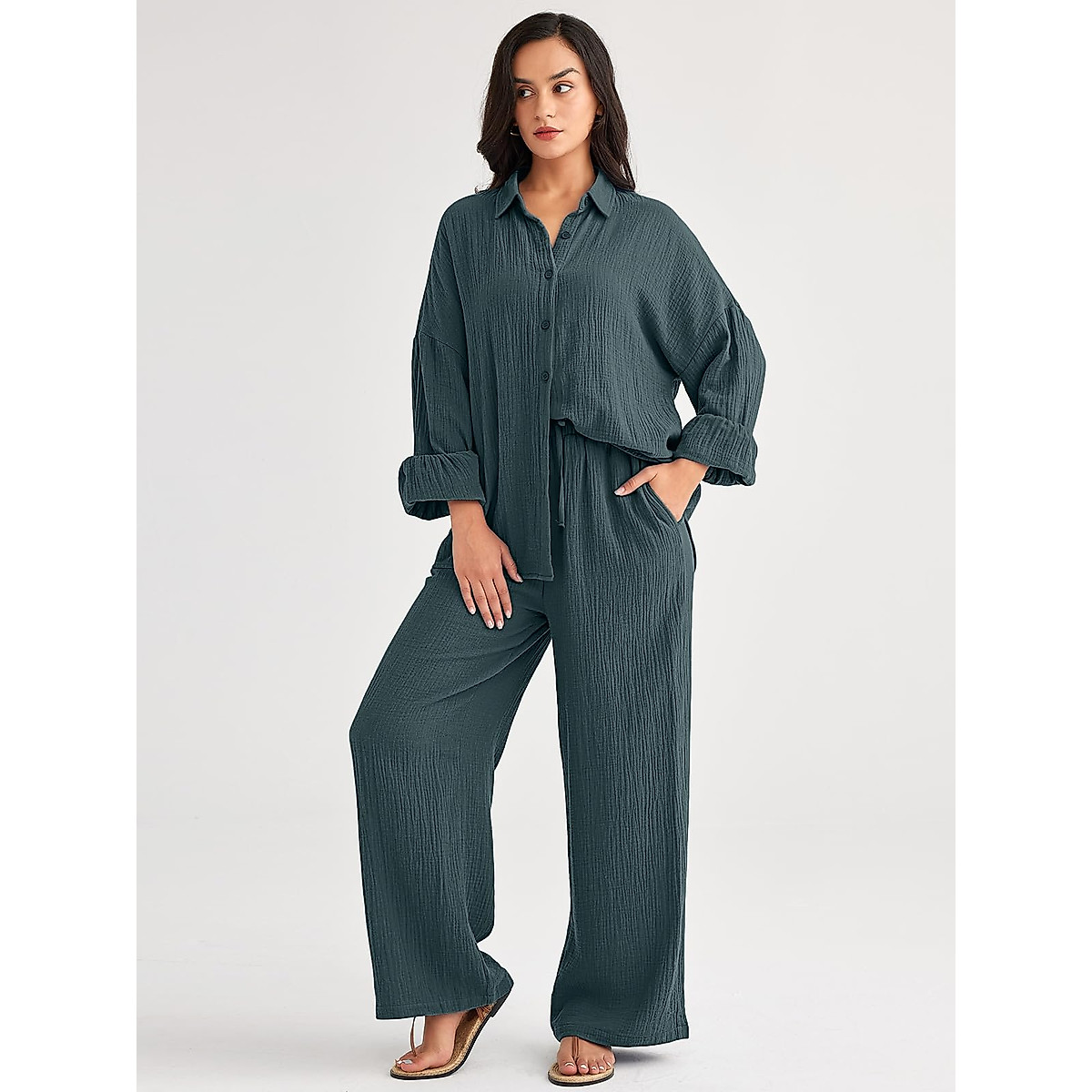 AUTOMET Clothes Womens Two Piece Outfits 2 Piece Matching Lounge Linen Wide Leg Palazzo Pants Sets Sweatsuit Spring Fashion 2024 Tracksuit