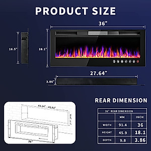 36" Inch Electric Fireplace in-Wall Recessed and Wall Mounted Fireplace,Linear Fireplace with Multicolor Flame,Ultra-Thin Fireplace Heater,Touch Control Panel,Timer,Remote Control, 750/1500W