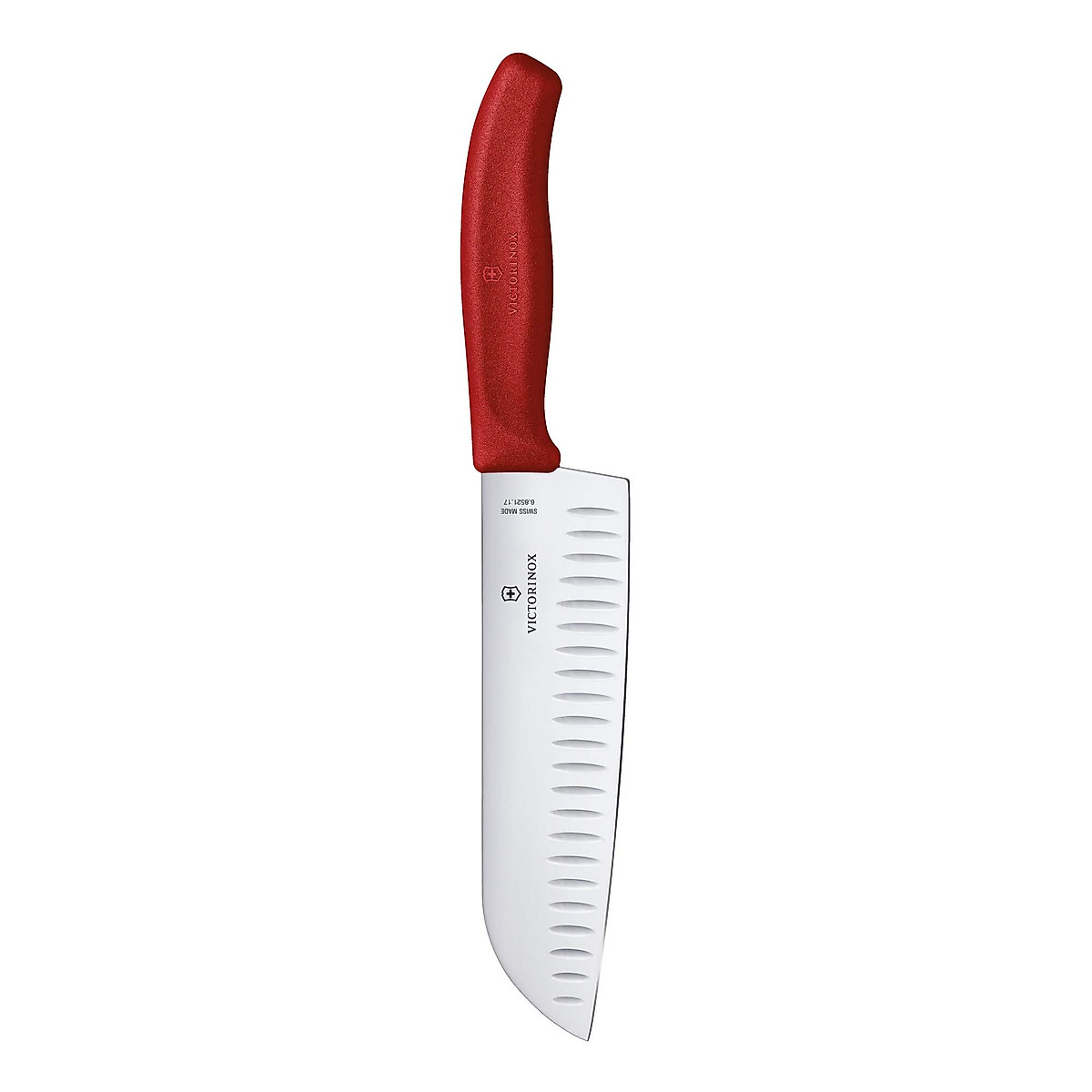 Victorinox 6.8521.17G Swiss Classic Santoku Knife for General-Purpose Slicing, Dicing, Mincing, and Everything In Between Fluted Edge Blade in Red, 6.7 inches