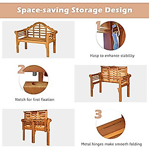 Giantex Outdoor Wood Bench, 4 Ft Foldable Eucalyptus Garden Bench, Two Person Loveseat Chair Solid with Curved Backrest and Armrest Ideal for Patio, Porch or Balcony (Teak)