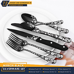 Stapava 72-Piece Black Silverware Set for 12 with Steak Knives, Stainless Steel Cutlery Flatware Set for 12, Eating Utensils Tableware with Butterfly Flower Laser, Mirror Polished, Dishwasher Safe