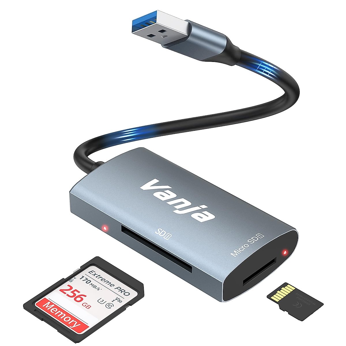 Vanja USB SD Card Reader, 2 in 1 Memory Card Reader SD Card to USB Adapter, for Camera SD, SDXC, SDHC, MMC, RS-MMC, Micro SD, Micro SDXC, Micro SDHC, UHS-II and UHS-I Cards
