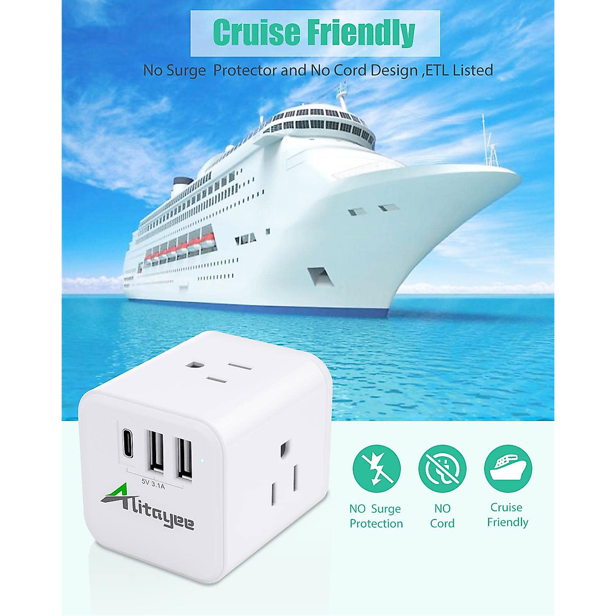 Alitayee USB C Multi Plug Outlet Extender,USB Outlet Splitter, Cube Multi Plug Adapter with 3 Outlets and 3 USB 15.5W Fast Charging, No Surge Protector for Cruise Travel Home Office ETL Listed White