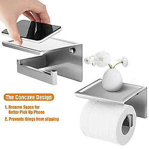 HITSLAM Brushed Nickel Toilet Paper Holder, Stick on Silver Toilet Paper Holder with Shelf, Self Adhesive No Drill or Wall-Mount with Screws for Bathroom