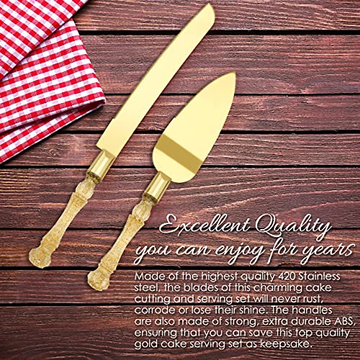 Homi styles Wedding Cake knife and Server Set | Glitter Gold Color Premium 420 Stainless Steel Titanium gold plated Blades | Cake & Pie Serving Set for Wedding Cake, Birthdays, Anniversaries, Parties