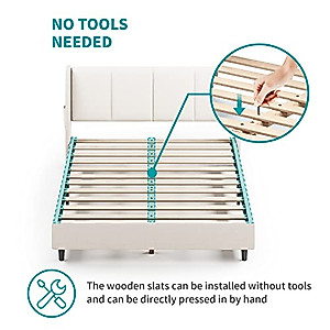 BALUS Wingback King Size Bed Frame, Upholstered Platform Bed Frame with 2 Pockets,Bed Frame with Wooden Slats Support, No Box Spring Needed/Easy Assembly/No Mattress (King, Beige)