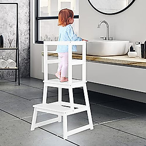 HONEY JOY Kids Kitchen Step Stool with Safety Rail, Wooden Montessori Kitchen Helper Standing Tower for Counter Bathroom Sink, Non-Slip Mat, Children Learning Stepping Stool for Toddlers 18+ Month