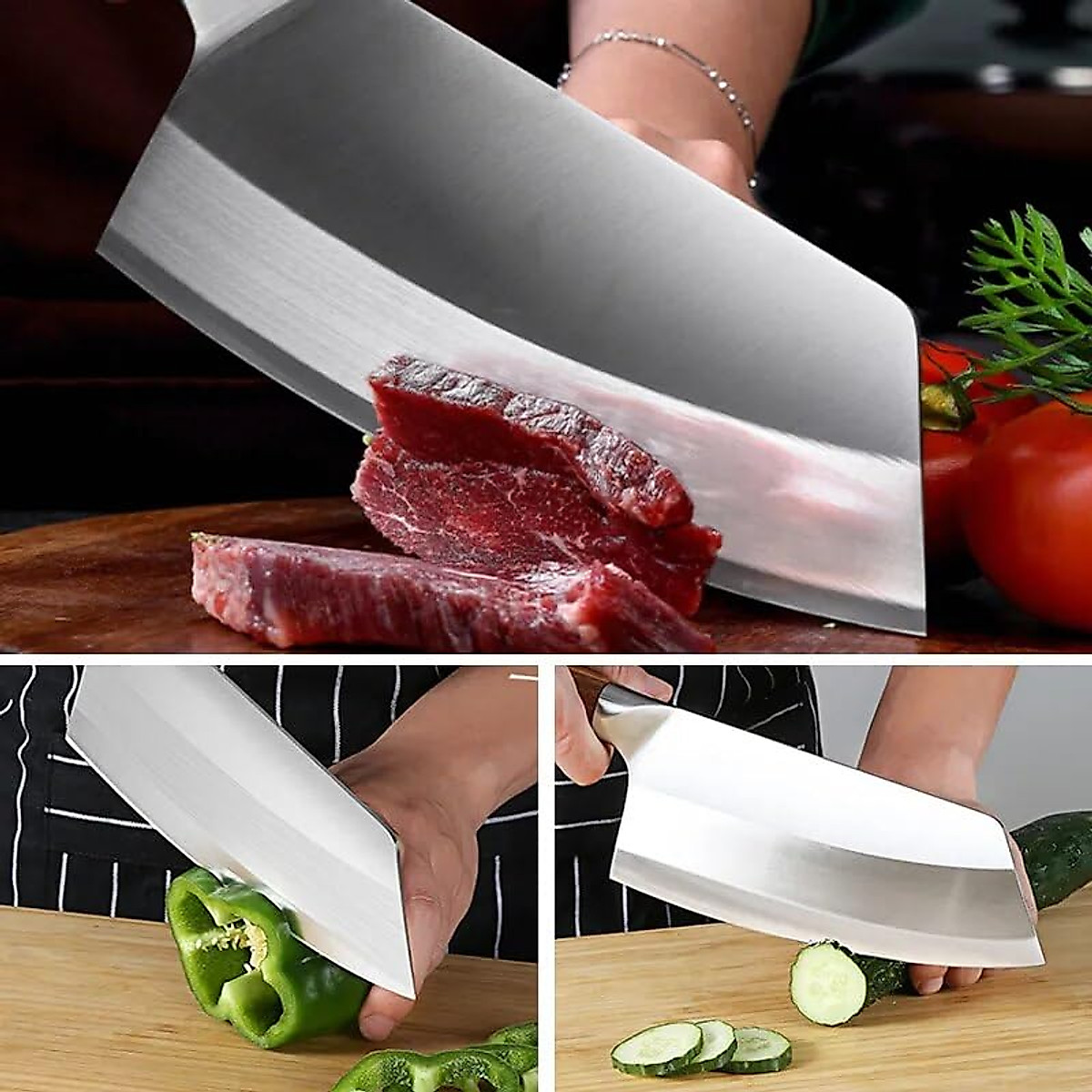 Meat Cleaver Knife, 8" Kitchen Knife Stainless Steel Chinese Chef Knife for Meat Bone Fish Fruit Vegetables Butcher Knife Slicing Cleaver Knife