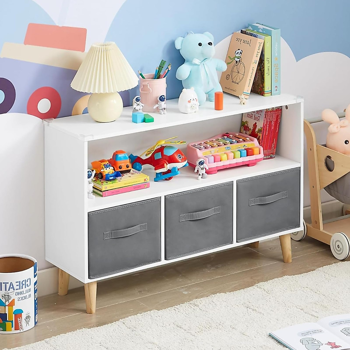 CUANBOZAM 35 Inch Wooden Storage Organizer Cubby with Fabric Bins, Children Kids Bookshelf with Drawers - Toy Storage Cabinet Organizer for Playroom and Bedroom