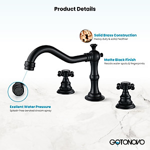 gotonovo 3 Hole Widespread Bathroom Sink Faucet Double Cross Handle Mixer Tap Faucet for Bathroom Sink Vanity Faucet Deck Mount Basin Hot Cold Water Matching Pop Up Drain Matte Black