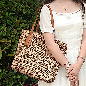 ZNMDOK Beach Bag Straw Handbags For Women Summer Beach Woven Shoulder Bag (Khaki)