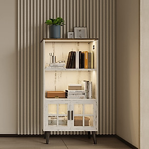 LVSOMT 3 Shelf Bookcase with LED Lights,Book Case with 2 Open Shelves, Storage Cabinet with Door, Human Body Induction Mode, Modern Wood Bookshelf for Bedroom/Living Room/Office, White