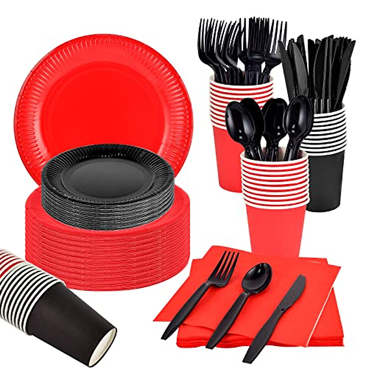WANGDEFA 120 pcs red and black plates and napkins party supplies set black and red tableware for party red party supplies set black and red party for red birthday plates table decors