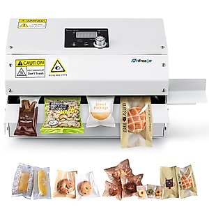 Frifreego Automatic Band Sealer Continuous Heat Bag Sealing Machine, Heavy Duty Horizontal Bag Sealing Machine with Temp&Speed Adjustment, for Kinds of Heat Sealable Bags, Desktop White