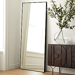 NeuType 64" x 21" Full Length Mirror, Aluminum Alloy Frame Floor Mirror with Stand, Large Bedroom Mirror, Free Standing or Wall Mounted or Leaning Against Wall, Black