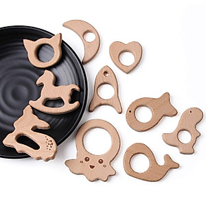 Baby Organic Wood Teether Set DIY Rattle Ring for Infant Gum Relief Grasping Toy Jewelry Holder, Rocket Heart Moon Jellyfish Hobbyhorse Bear Dinosaur Fish Deer Whale