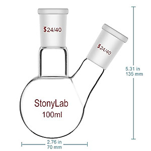 StonyLab Glass Heavy Wall 2 Neck Round Bottom Flask with 24/40 Center and Side Standard Outer Joint