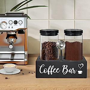 Glass Coffee Containers with Shelf,Coffee Station Organizer,Coffee Canister with Scoop,2x48oz Coffee Bean Storage with Airtight Locking Clamp,Coffee Container for Ground Coffee(Black)