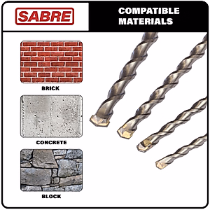 Sabre Tools 8-Piece 12in SDS Plus Drill Bits for Brick, Stone, Concrete, 1/4in x 12in, 5/16in x 12in, 3/8in x 12in, 1/2in x 12in, 5/8in x 12in, 3/4in x 12in, 7/8in x 12in, 1in x 12in (12" 8-Piece Set)