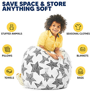 5 STARS UNITED Stuffed Animal Storage Bean Bag – Toy Storage Organizer and Bean Bag Chair for Kids Holds up to 90+ Plush Toys – Cotton Canvas Bags Cover for Boys and Girls Ages 4-11, Hatch Stars