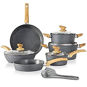 MAISON ARTS Kitchen Cookware Sets Nonstick, 12 Piece Pots and Pans Set Granite Cooking Set for Induction & Dishwasher Safe, Oven, Stovetop, Gery
