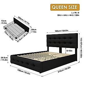 Queen Bed Frame with 4 Storage Drawers and Adjustable Headboard, Upholstered Platform Bed with Button Tufted Design, Strong Wooden Slats Support, No Box Spring Needed, Black