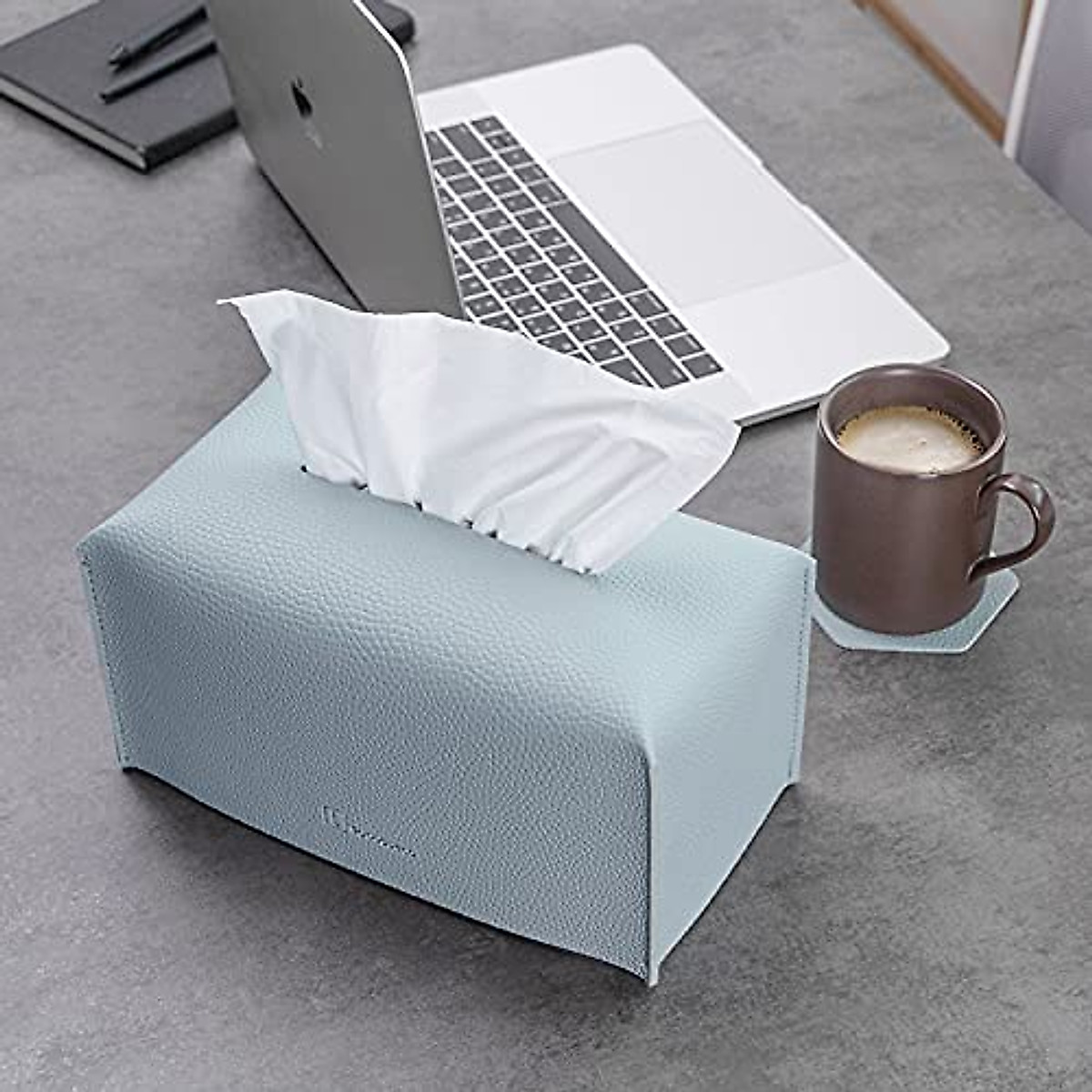 GOODSDECO PU Leather Tissue Box Cover Rectangle - Modern Tissue Box Holder Organaizer for Home Office Bathroom Car, Pastel Organaizer (Sky Blue)