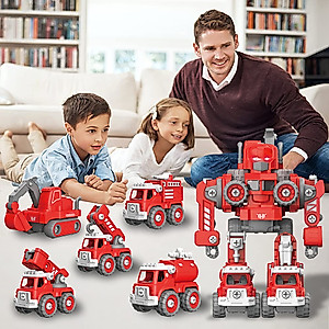 Fire Truck Toy for Boys Take Apart Robot Toys 5 in 1 Transform Robot Car Set, Firetruck Construction Vehicles Sets Building Robot Toys Kits with Drill Light and Music Gift for Boys Girls Ages 3-8