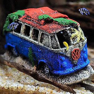 NF Aquarium Decoration Resin Imitation Car Wreck,Fish Tank Supplies Accessories Ornament Hideouts Stone Air Bubble Stone Oxygen Pump