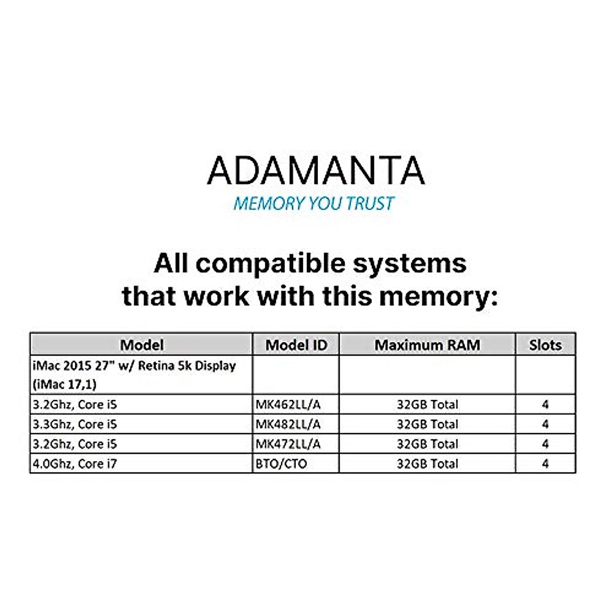 Adamanta 32GB (4x8GB) Apple Memory Upgrade Compatible with Late 2015 iMac 27" Retina 5K Display DDR3/DDR3L 1867Mhz PC3L-14900 SODIMM 2Rx8 CL13 1.35v RAM DRAM