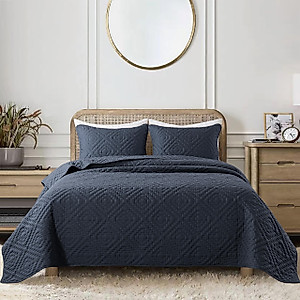 R.SHARE Oversized California King Size Quilt Bedding Sets with Pillow Shams, Navy Blue Cal King Lightweight Soft Bedspread Coverlet for All Season, 118x106 inches