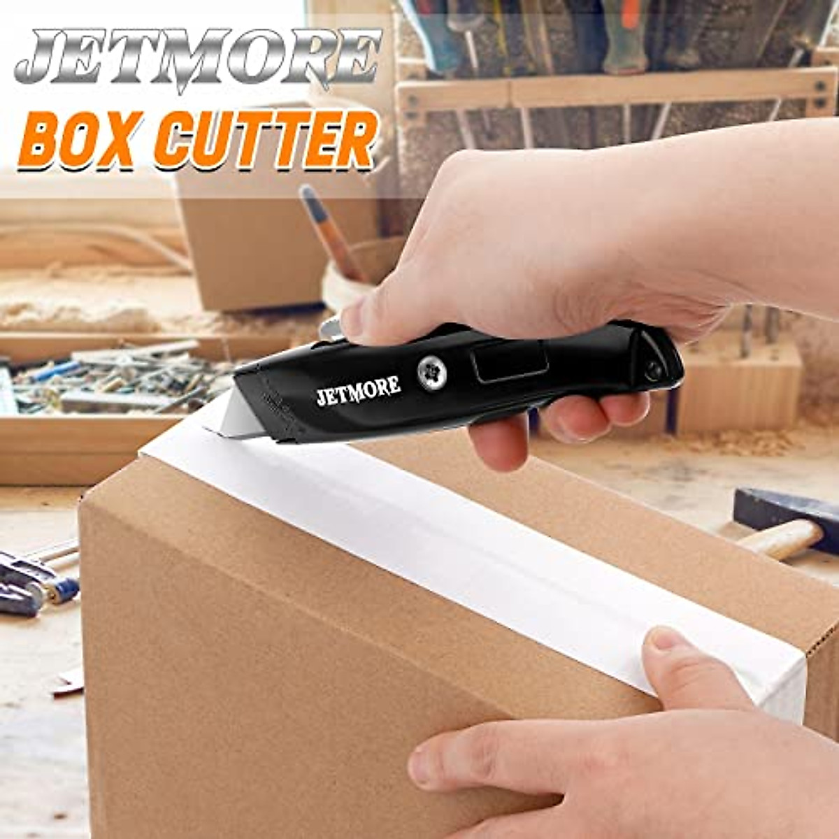 Jetmore Box Cutter Utility Knife, Box Cutter Retractable, Heavy Duty Razor Knife with Extra 10 SK5 Blades, Black Box Cutters Box Opener, Aluminum Shell Box Cutter Knife Box Knife