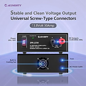 Jesverty Universal Compact Bench Power Supply - 30 Amp Regulated Home Lab Benchtop AC-to-DC Converter for CB/HAM/Amateur Radio with 13.8V Fixed OutputScrew-Type Terminals, Cooling Fan - SPS-1330