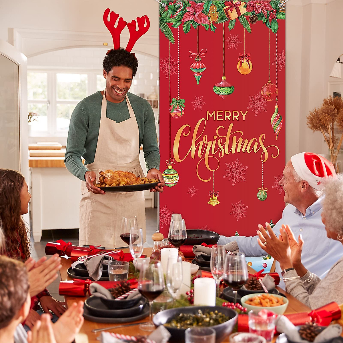 Merry Christmas Door Cover 35 x 71 Inch Christmas Ball Door Cover Backdrops Xmas Tree Door Cover Banner Christmas Balls Background Xmas snowflake Front Door Christmas Hanging Decorations (Red)