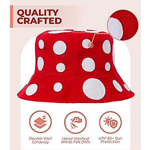 Shrumiez Red Mushroom Hat - Mushroom Bucket Hat for Mario Toad Toadstool Toadette Rave Cosplay Costume Outfit Adult Women Men