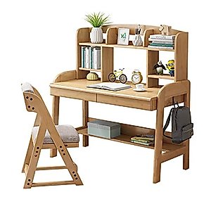 Articles for daily use Solid Wood Children’s Desk Set, Height Adjustable Children’s Wooden Study Table with Drawers and Bookshelves, Boys and Girls Study Tables and Chairs (Natural Wood)