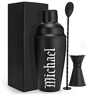 Custom Bartender Kit, Engraved Cocktail Shaker Set, Personalized w/Name, 18 Oz Black Stainless Steel Martini Shaker w/Strainer, Jigger & Spiral Cocktail Spoon, Gifts for Men