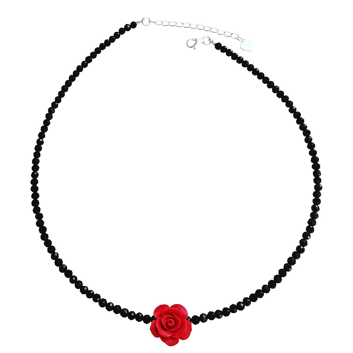 CF100 Black Choker With Red Rose, 925 Sterling Silver Black Spinel Beads Flower Red Rose Choker 13+2” (Red Rose