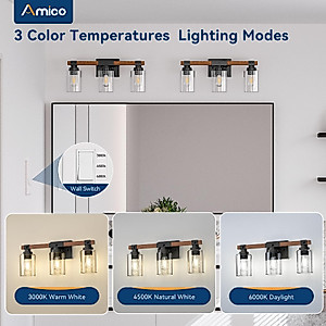 Amico 3-Light Farmhouse Vanity Light Fixture, Rustic Wood Bathroom Light Fixtures, Industrial Vintage Black Wall Sconces Light with Bubble Glass Shade for Mirror, Bedroom, Living Room, Hallway