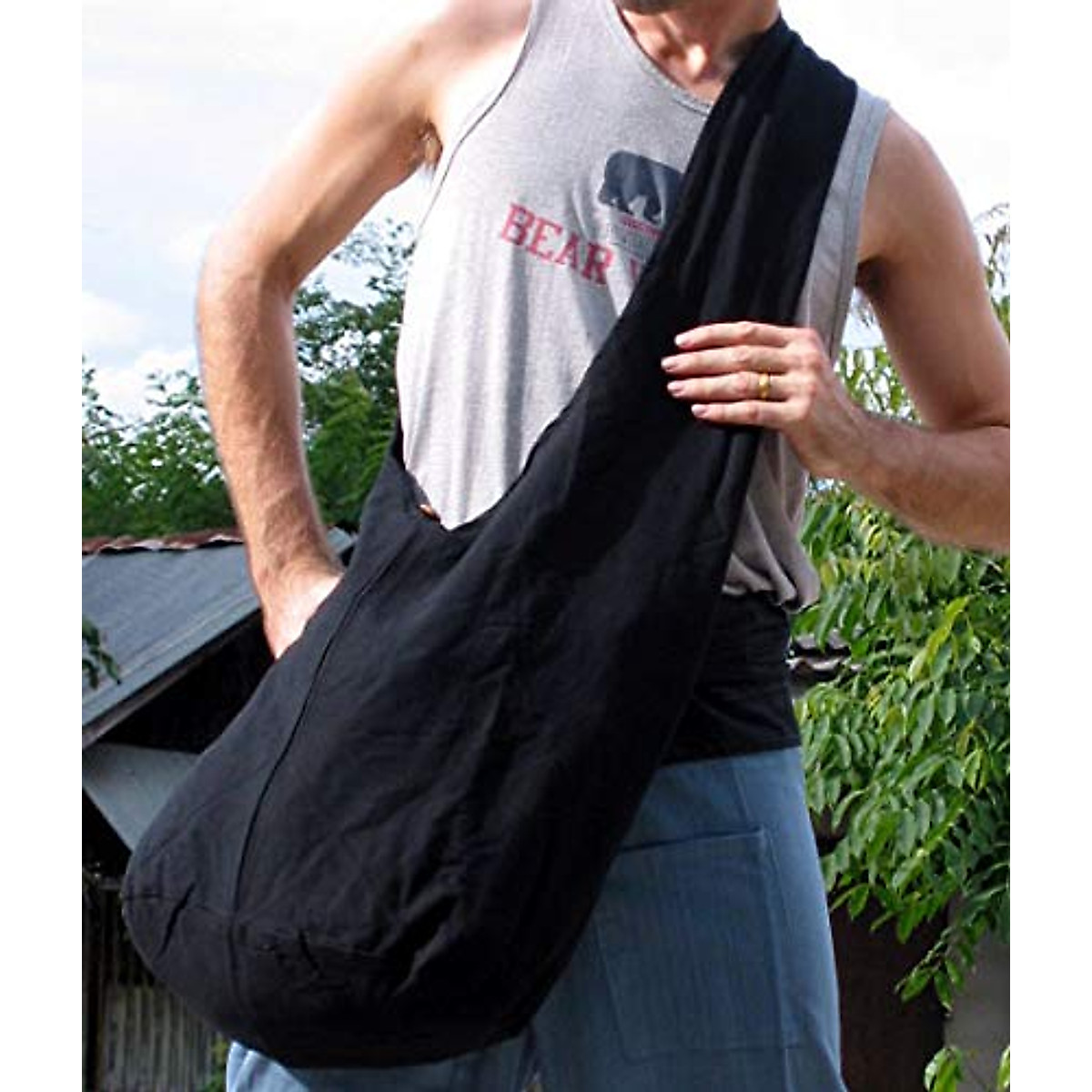 RaanPahMuang Plain Thai Cotton Yaam Monks Shoulder Bag - Long Strap, Medium, Black