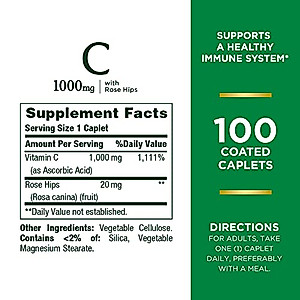Nature’s Bounty Vitamin C + Rose Hips, Immune Support, 1000mg, Coated Caplets, 100 Ct