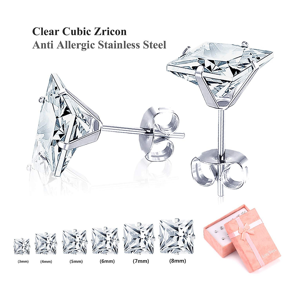 LUXU kisskids 6 Pairs Stainless Steel Stud Earrings Hypoallergenic Cubic Zirconia 316L Earrings Stainless Steel CZ Earrings 3-8mm for Women Girls