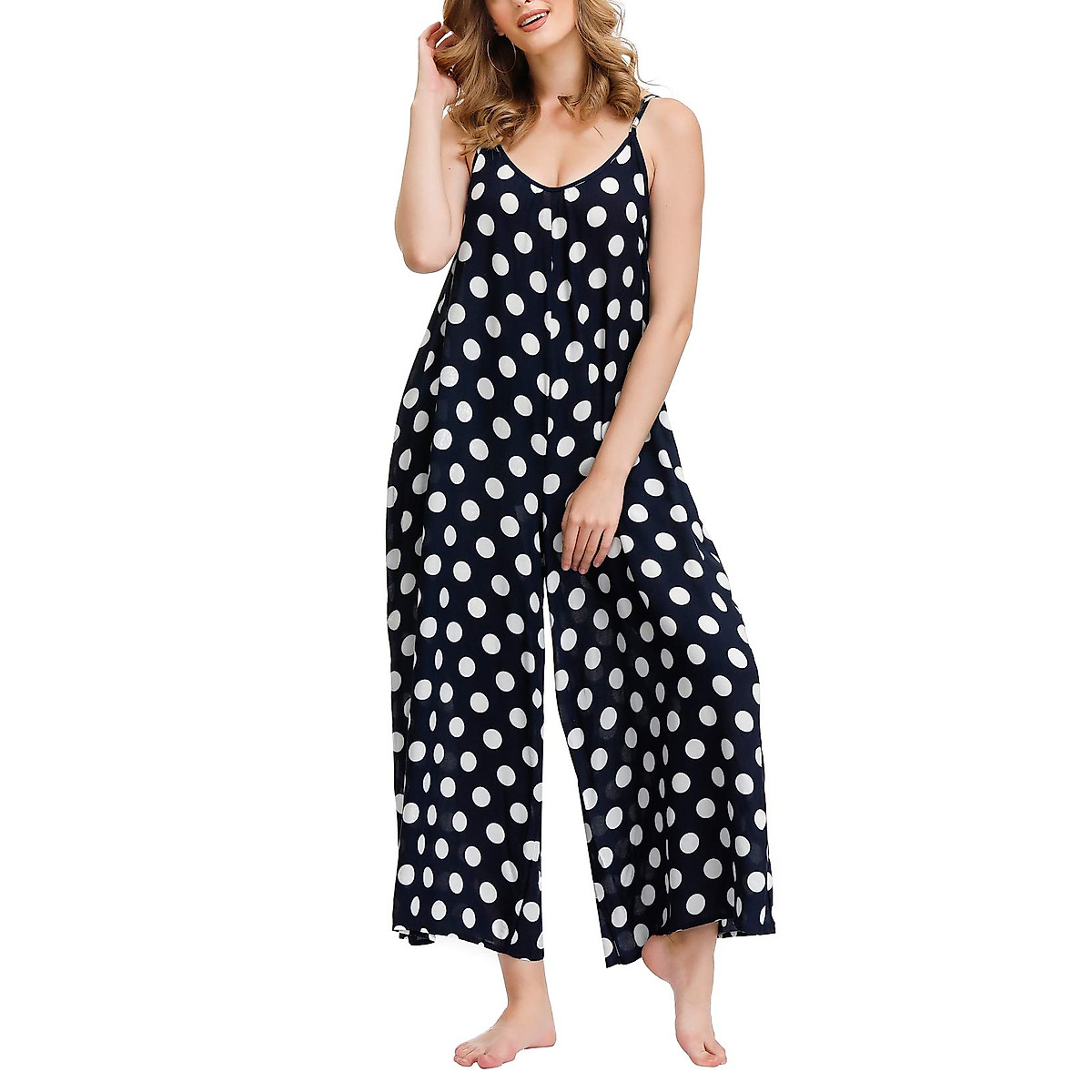 wexcen Womens Floral Printed Jumpsuits Casual Sleeveless Spaghetti Strap Rompers Wide Leg Pants with Two Pockets (Polka dot, XXL)