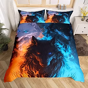 Fire Wolf Duvet Cover Full Size,Ice and Flame Wolf Bedding Set 3Pcs,Kids Boys Teens Adults Home Decor,Wild Animal Hunting Theme Comforter Cover,3D Cool Wildlife Quilt Cover,2 Pillowcases(No Comforter