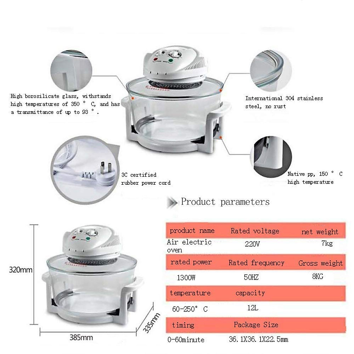 Glass air Fryer Electric Fryer French Fries,Hot air Fryer Reduced-Fat, Baking, Grilling and Roasting Cooking Chamber Rotisserie,size 37 * 33 * 32CM